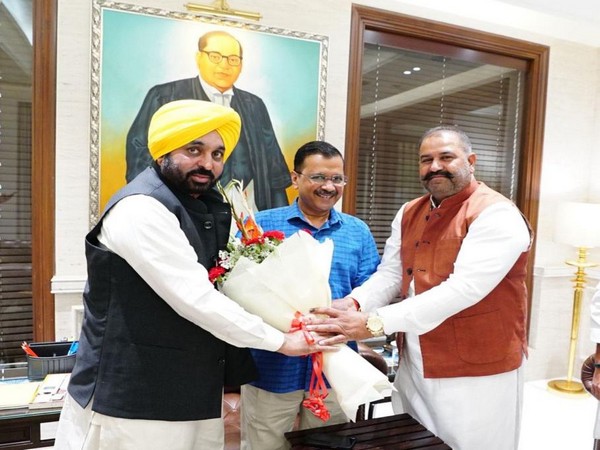 Newly elected AAP MP Sushil Kumar Rinku meets Delhi CM Arvind Kejriwal