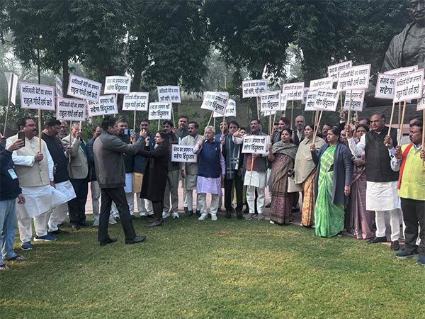 NDA MPs protest against Congress for disrespecting Dr Ambedkar