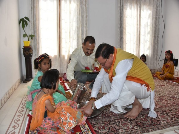 Uttarakhand CM Dhami performs 'Kanya Poojan' at his residence in Dehradun