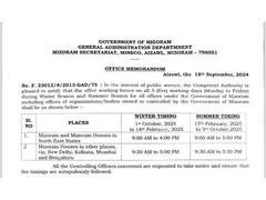 New office timings issued for Mizoram Secretariat issues winter, summer ...